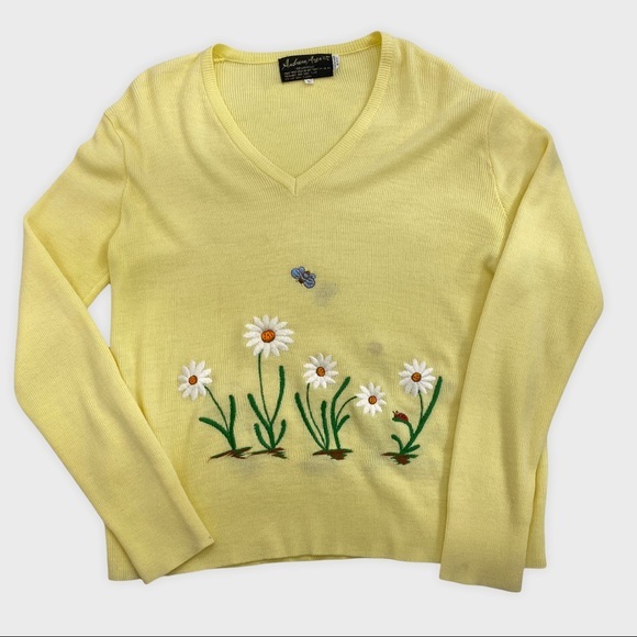 Vintage | Sweaters | Vintage 7s Pastel Yellow Floral Bee Ladybug ...